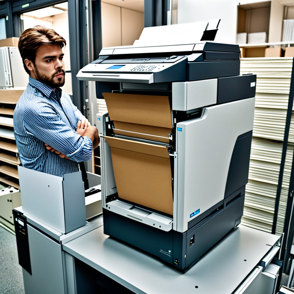 carrying a heavy printer with a suffering face