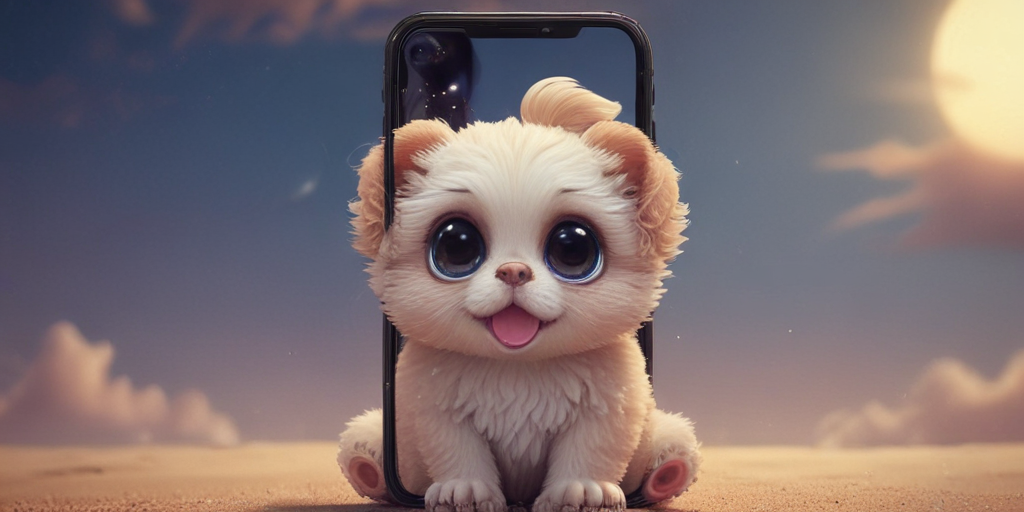 A Cute Puppy Emerging from a Smartphone Screen in a Dreamy Landscape