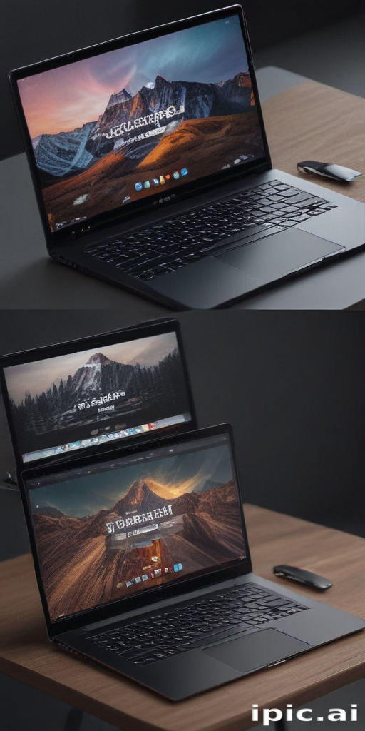 Modern Laptop Displaying Stunning Mountain Landscape on a Stylish Desk