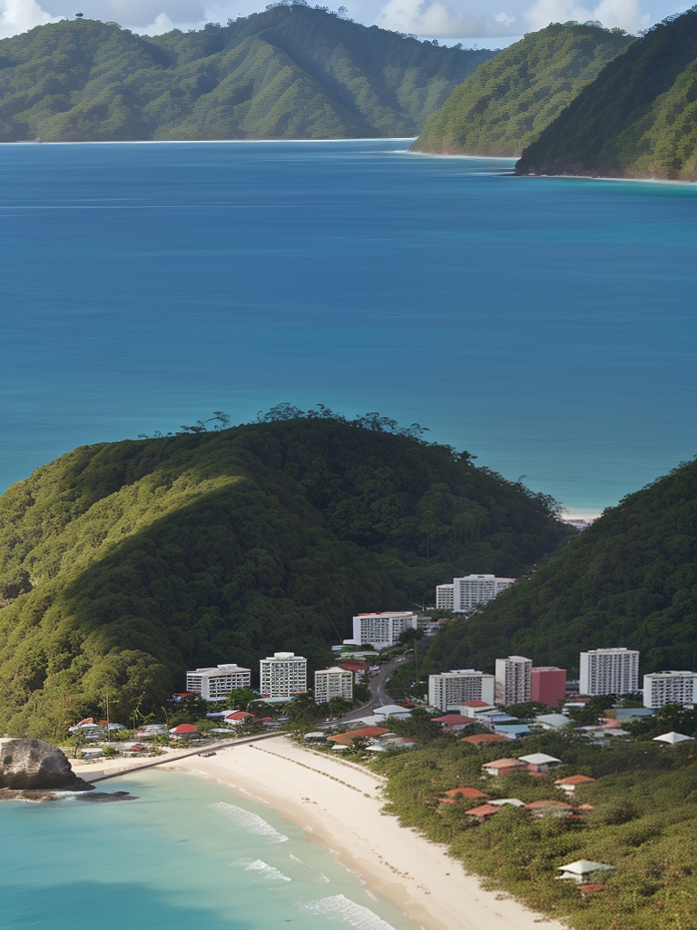 A Serene Coastal Paradise with Lush Mountains and Crystal Clear Waters.