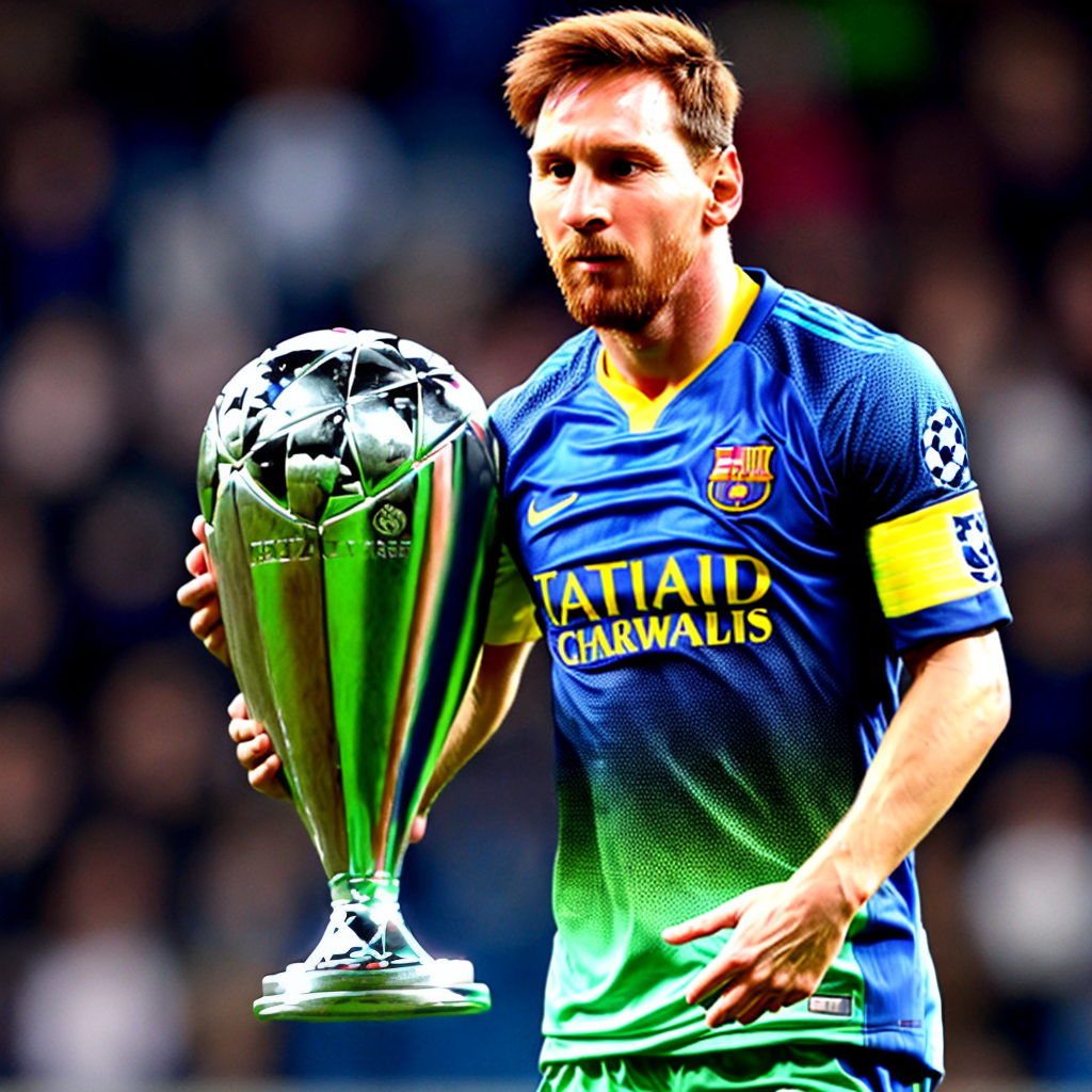 Messi Holding the UEFA Champions League trophy