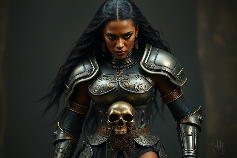 Fierce Warrior in Ornate Armor with Skull Embellishment, Radiating Power