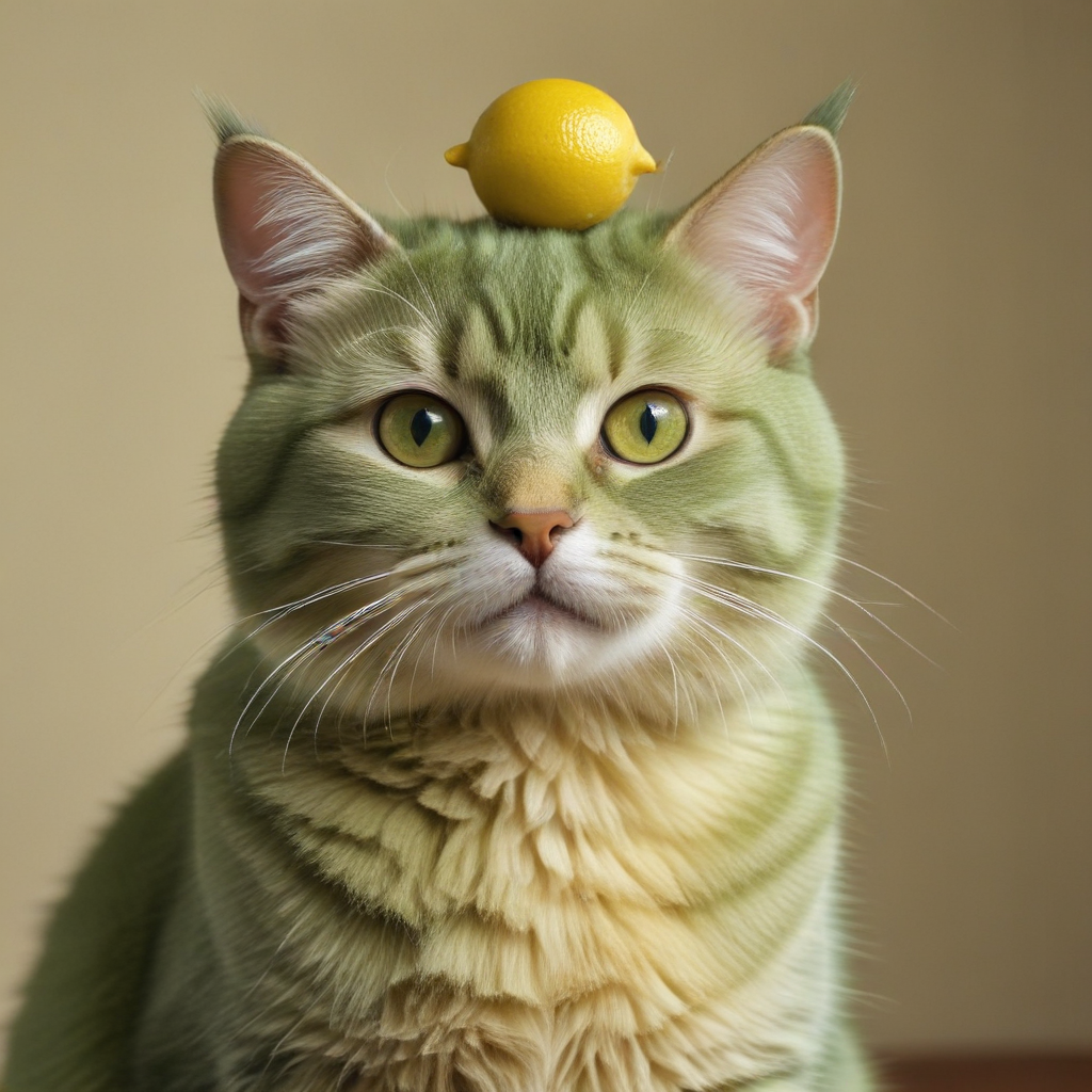 a green cat with a lemon on its head