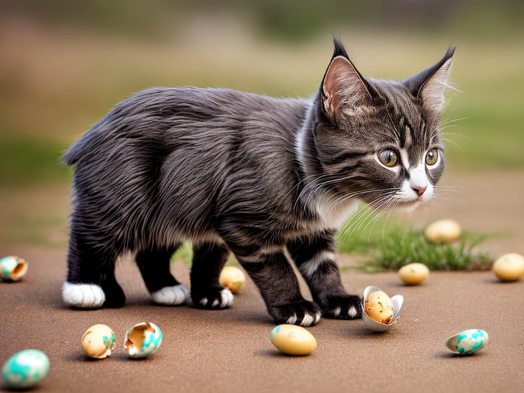 Generate a picture of a kittens crawling out of broken egg shells ...