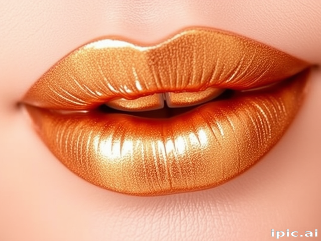 Stunning Close-Up of Glossy Golden Lips with a Shimmering Finish
