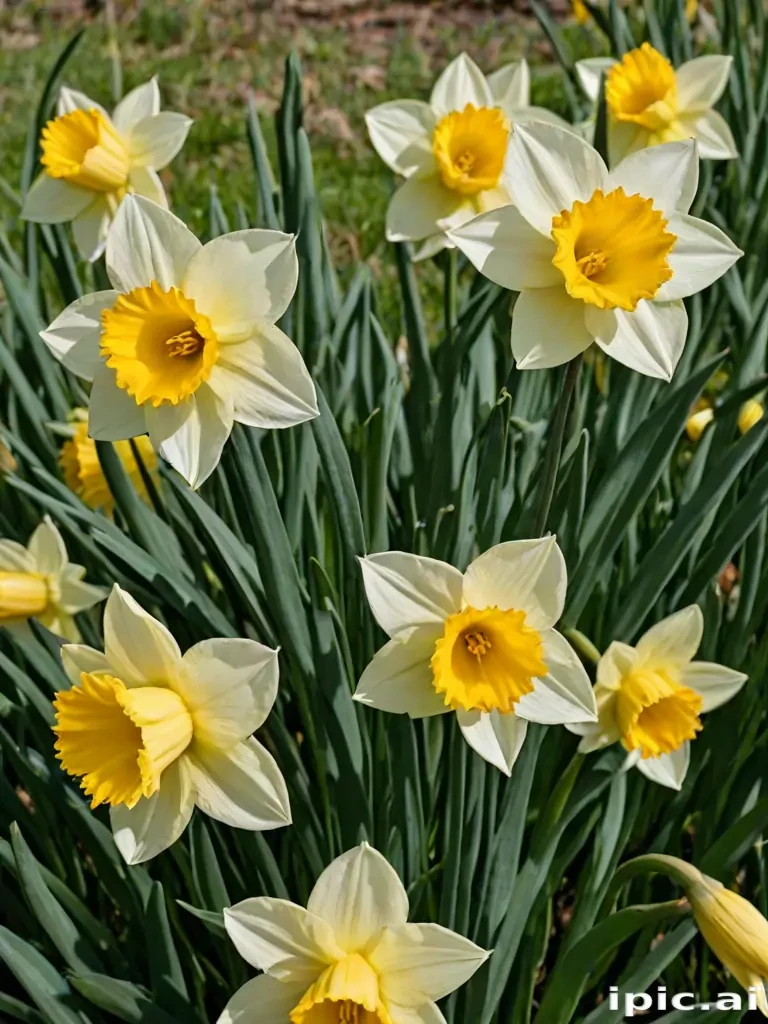 A Beautiful Display of Bright Yellow and White Daffodils in Bloom.