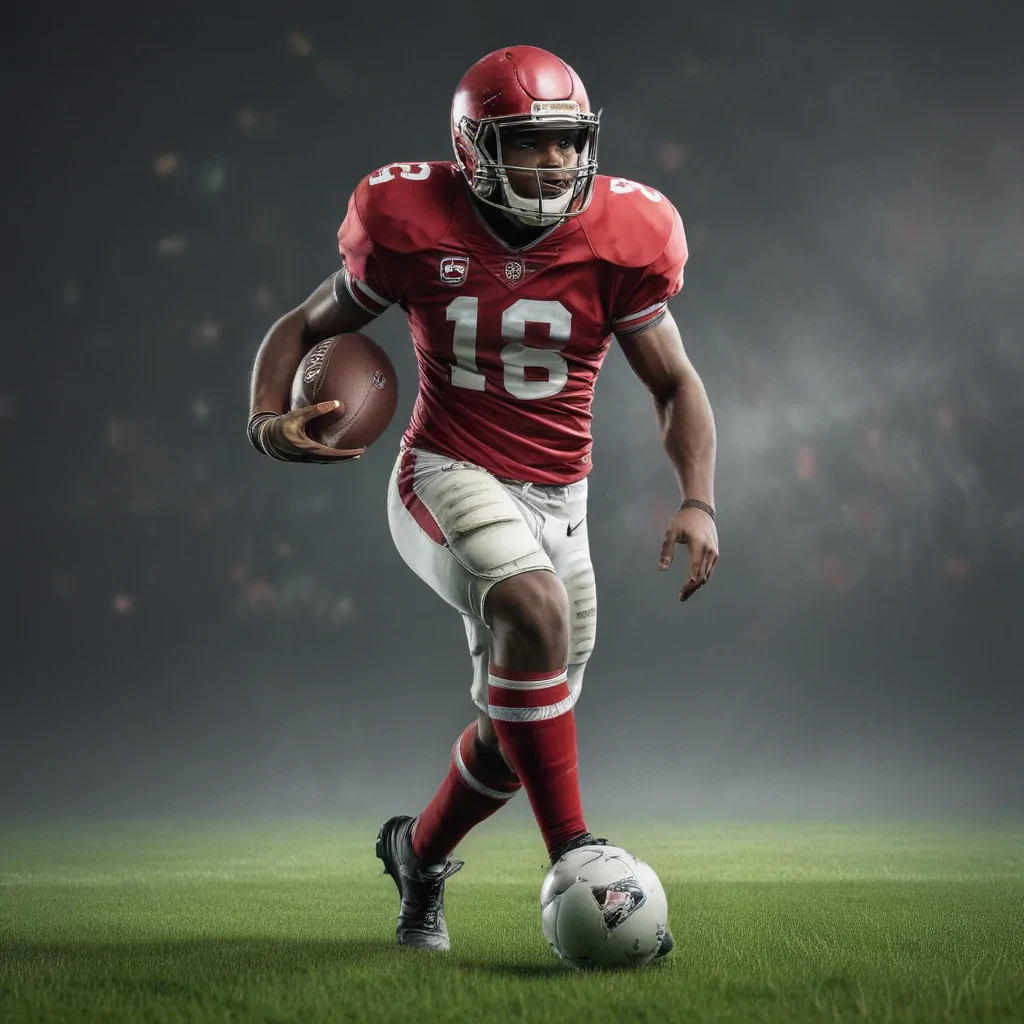 Dynamic Football Player in Red Uniform Sprinting with a Football on Field