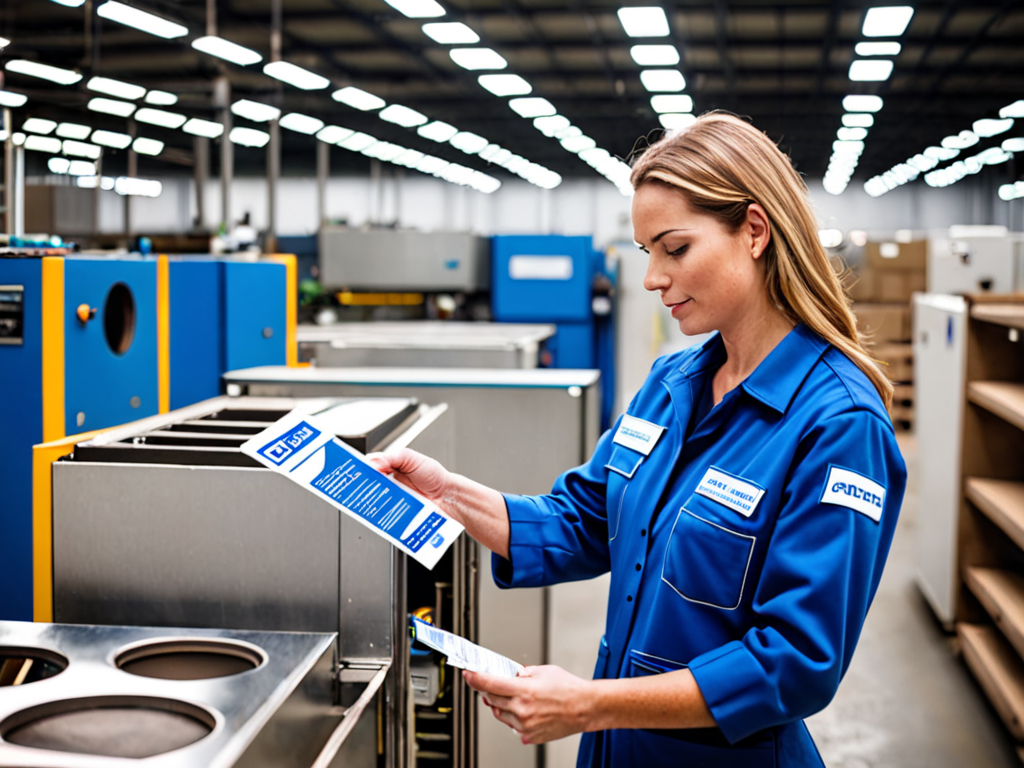 woman checking label on factory floor blue uniform logo bundy refrigeration