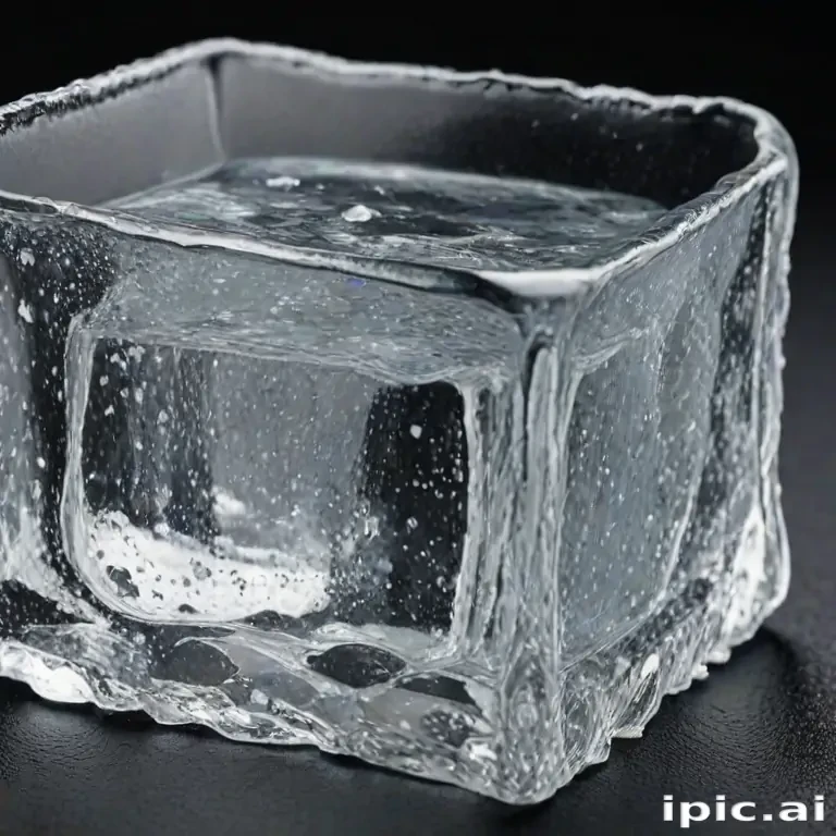 Crystal Clear Ice Cube with Bubbles Reflecting Light on Dark Surface