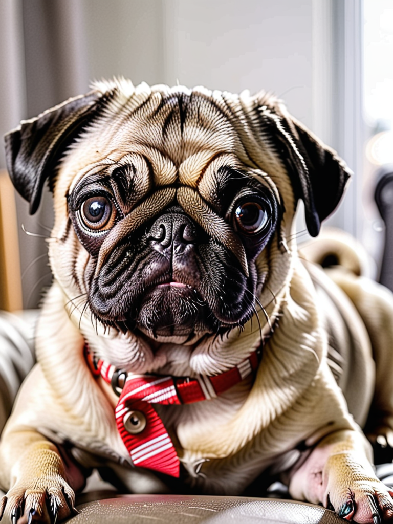 A Charming Pug Wearing a Striped Tie, Relaxing on a Couch.