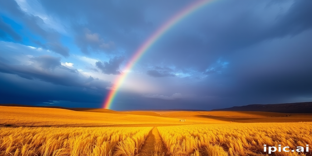 Vibrant Rainbow Arching Over Golden Wheat Fields Under Dramatic Clouds