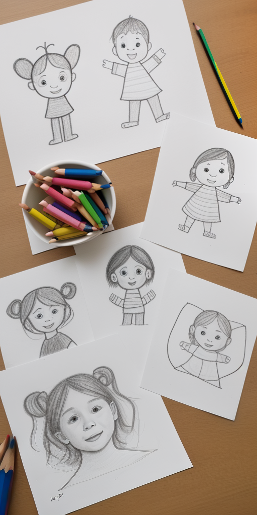 Creative Collection of Playful Character Sketches and Colorful Art Supplies