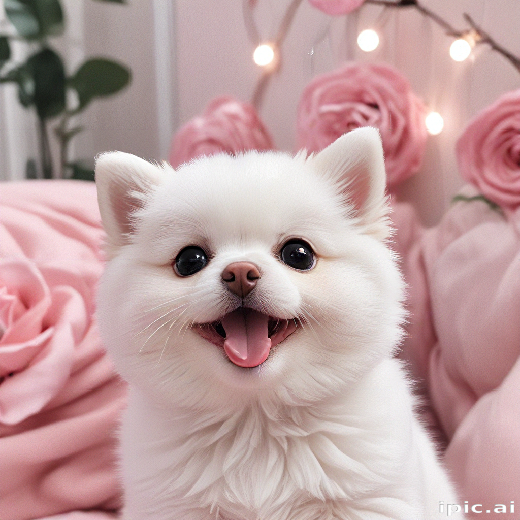 Adorable White Pomeranian Puppy Smiling Among Soft Pink Roses and Lights.