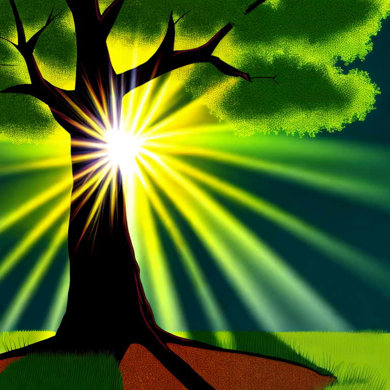 the sun's rays warm the tree, cartoon style