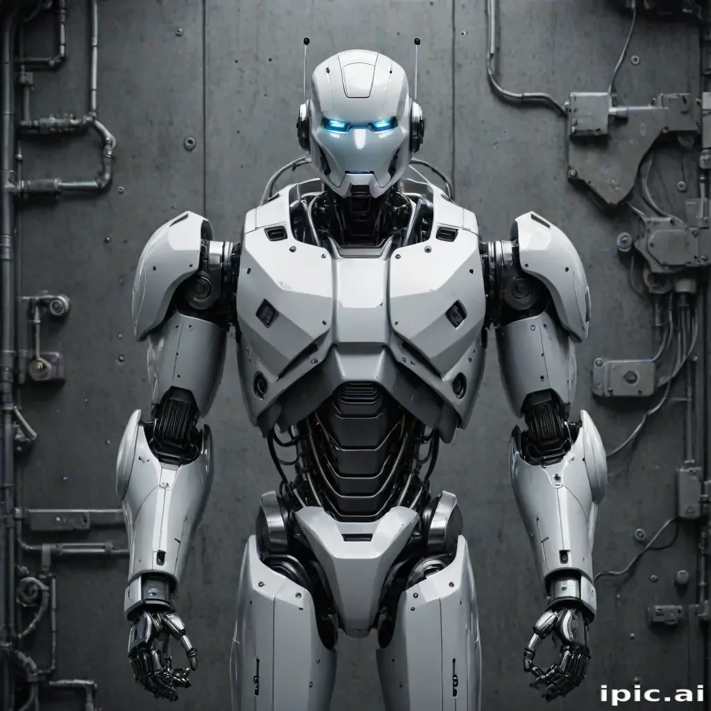 Futuristic Humanoid Robot Standing Against a Metallic Industrial Background