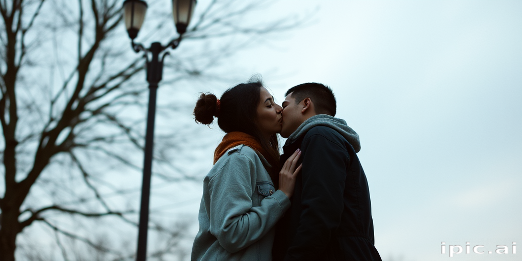 Romantic Moment: A Couple Sharing a Tender Kiss Under a Streetlamp