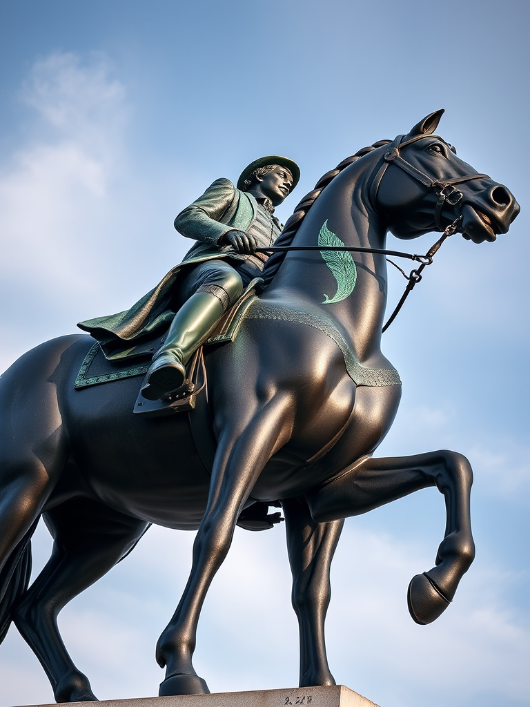 Create a high-resolution image of a bronze equestrian statue, capturing ...