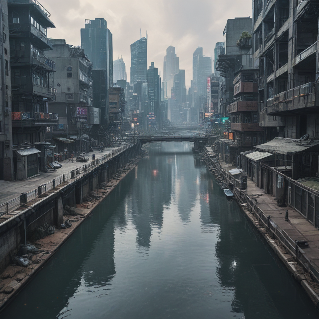 Day, clean River, great modern clean city across the river, cyberpunk