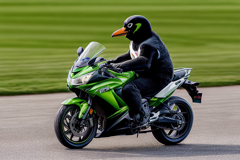 Penguin riding a Kawasaki