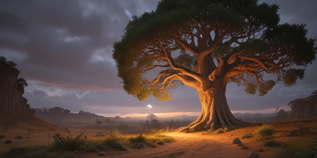Majestic Ancient Tree Illuminated by the Soft Glow of Sunset