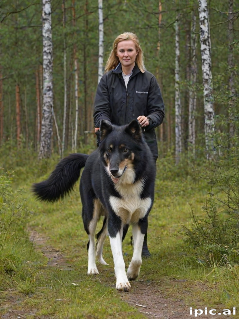 A Woman Walking Her Large Dog Along a Forest Trail Path