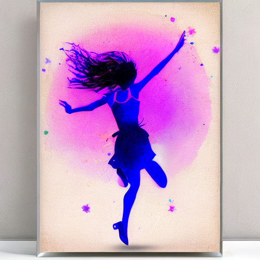 Icon of a woman jumping for joy. Purple colour. Shape of an L