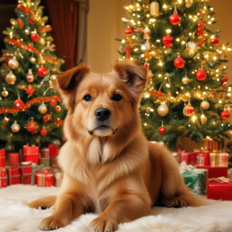 A Festive Holiday Scene Featuring a Dog Surrounded by Christmas Trees ...