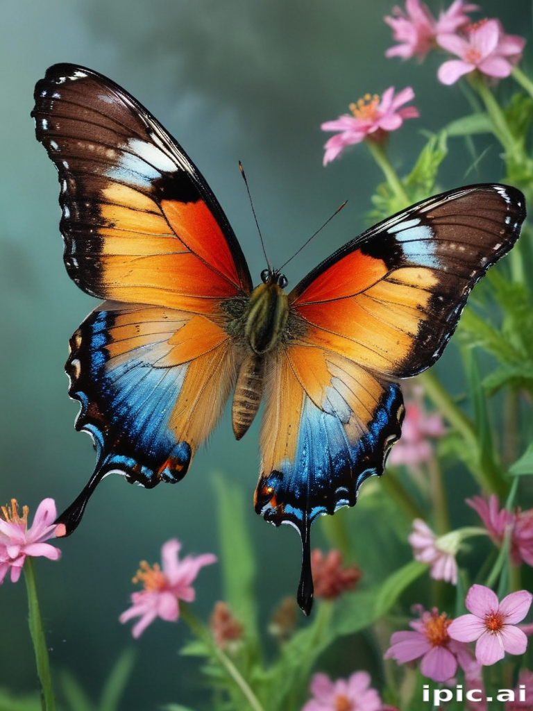 A Vibrant Butterfly Flutters Gracefully Among Colorful Garden Flowers.