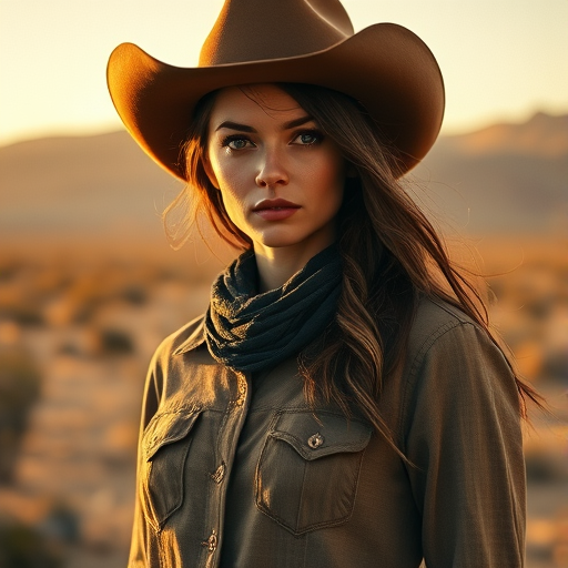Sunset Portrait of a Confident Cowgirl in a Desert Landscape