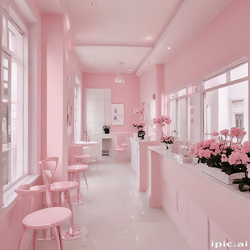 A Charming Pink-Themed Café with Delicate Floral Accents and Cozy Seating