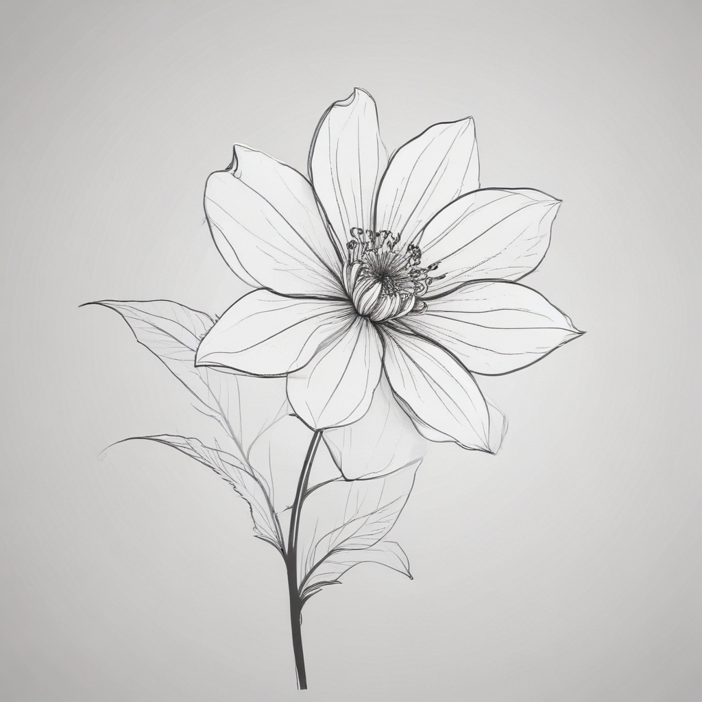 Delicate Line Art of a Single Flower with Detailed Petals and Leaves