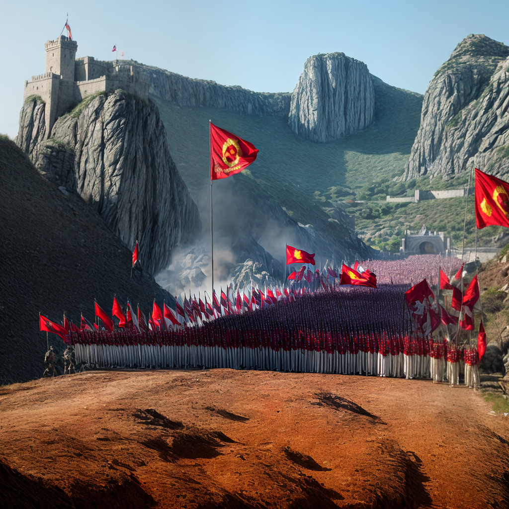 Fire Nation Army with banners Marching On The Gates Of Kings Landing