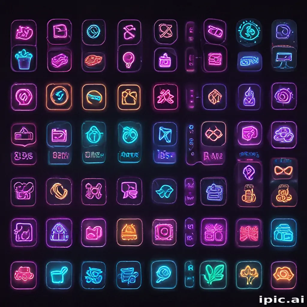 Colorful Neon Icons Representing Various Themes and Activities in Grid ...