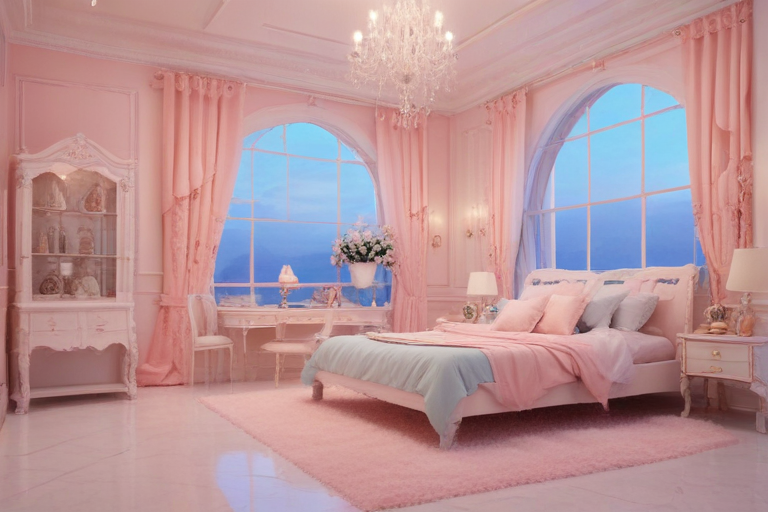 Elegant and Dreamy Pink-Themed Bedroom with Beautiful Windows and Decor