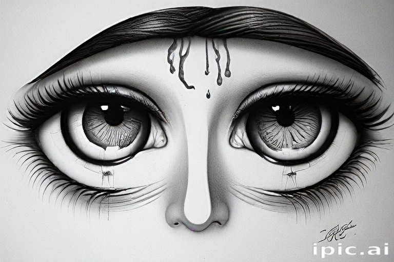 Expressive Portrait of a Face with Large Eyes and Tearful Emotion