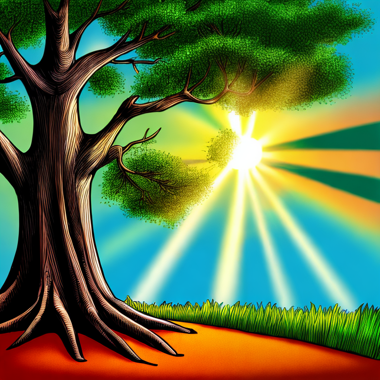 the sun's rays warm the tree, cartoon style