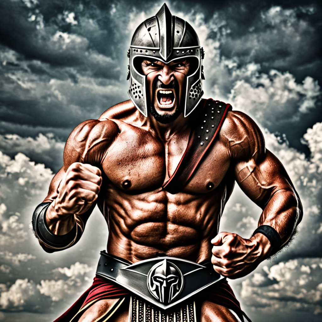 Realistic portrait of an angry Spartan warrior showing his fists