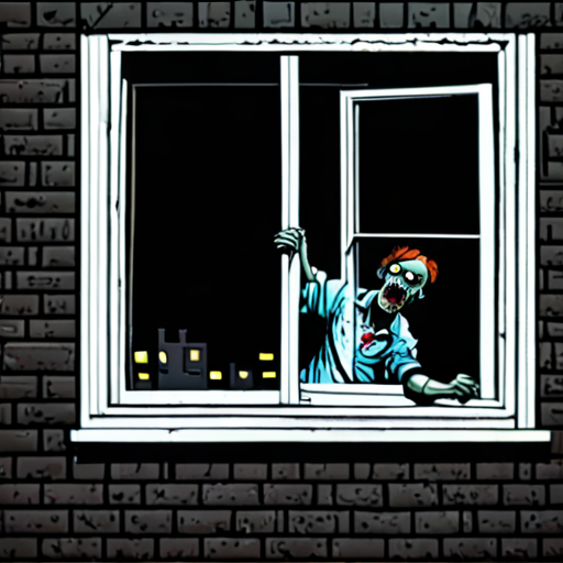 a zombie climbing through an open window at night