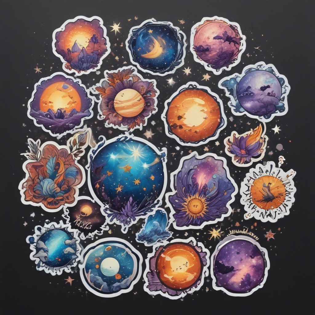 Whimsical Cosmic Stickers Featuring Planets, Stars, and Celestial Scenes