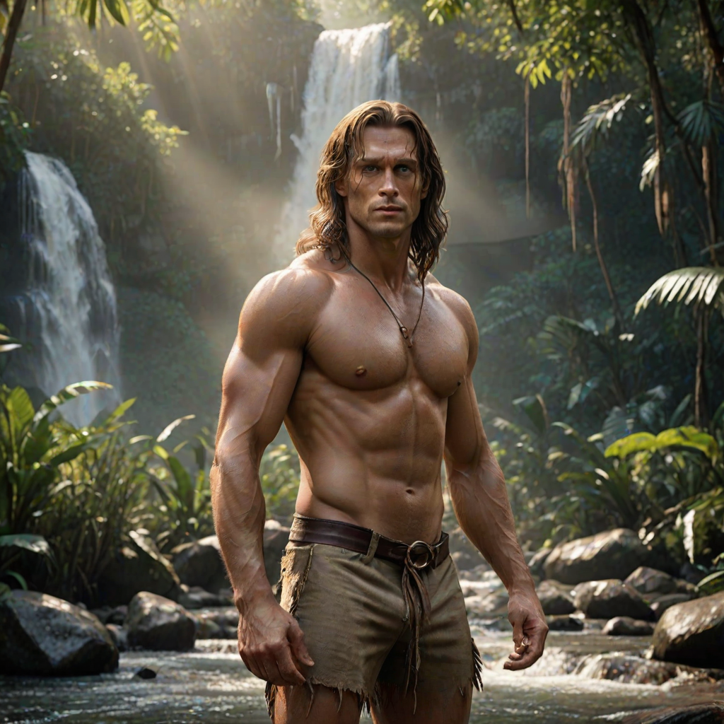 Mighty Warrior Stands Proudly Amidst Lush Jungle Waterfalls and ...
