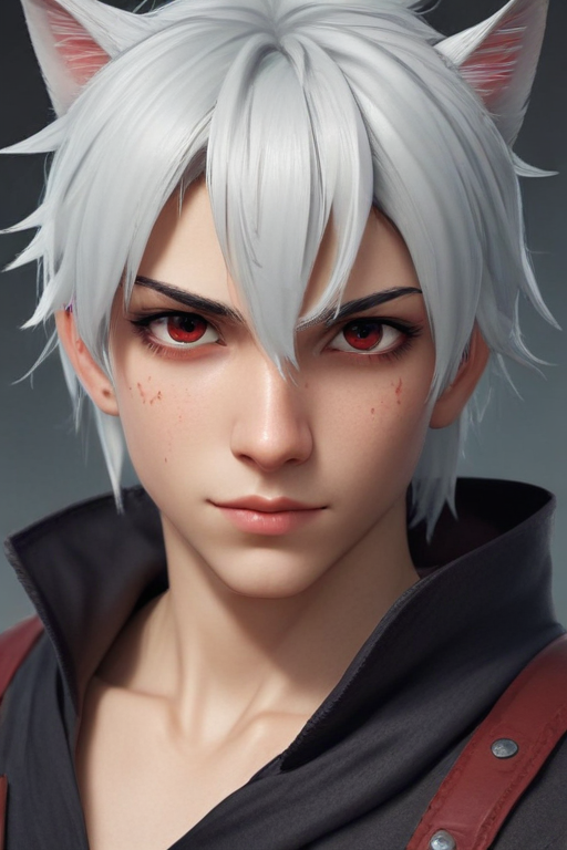 Miqo'te with grey hair and red eyes