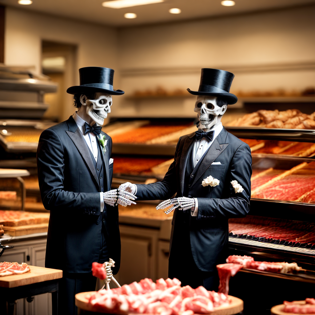 skeleton in tuxedo and top hat playing piano in a butcher shop