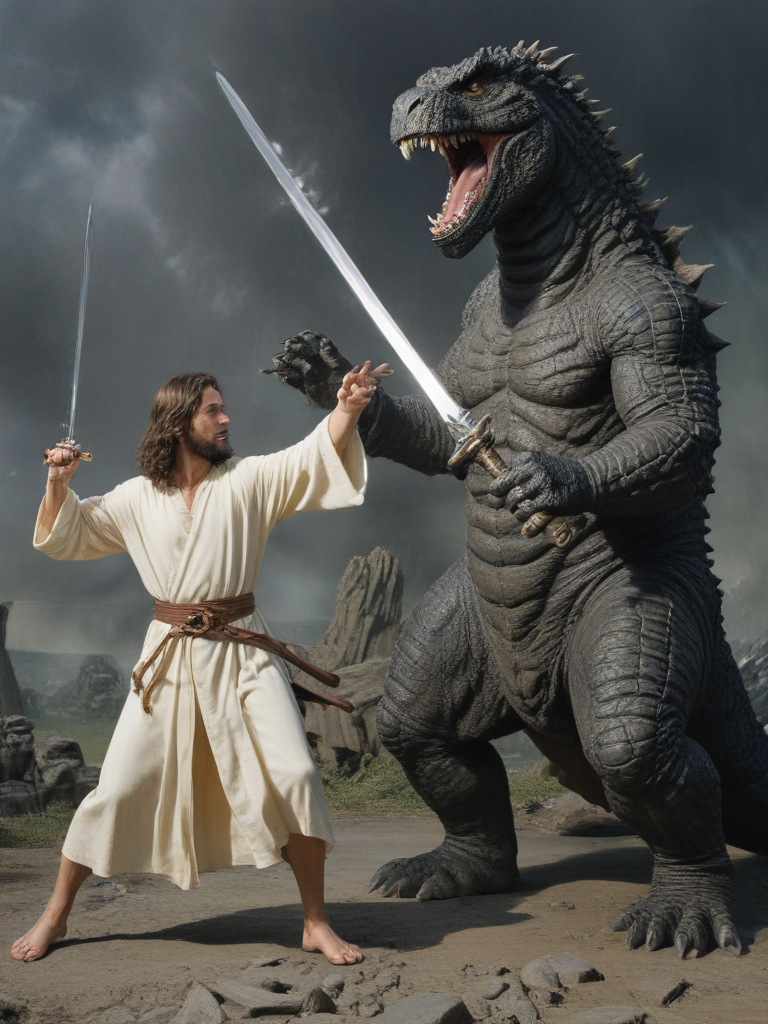jesus christ in a rapier duel with godzilla
