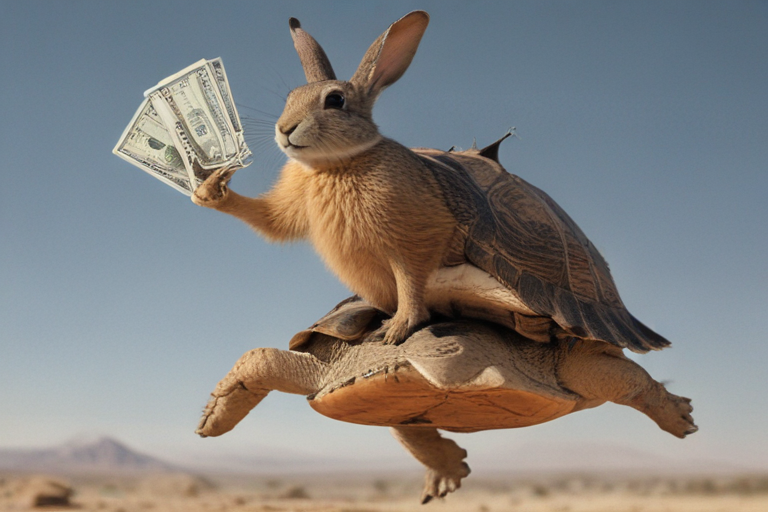jackrabbit grabbing flying cash while riding a running tortoise