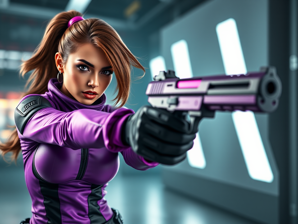 Fierce Female Warrior Aiming a Gun in a Futuristic Setting