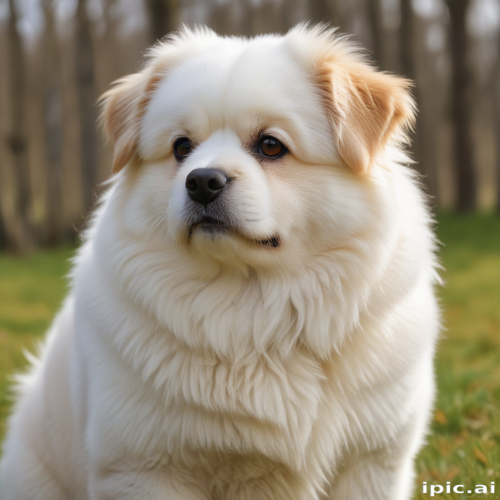 A Fluffy White Dog Sitting Gracefully Amidst a Lush Green Forest.