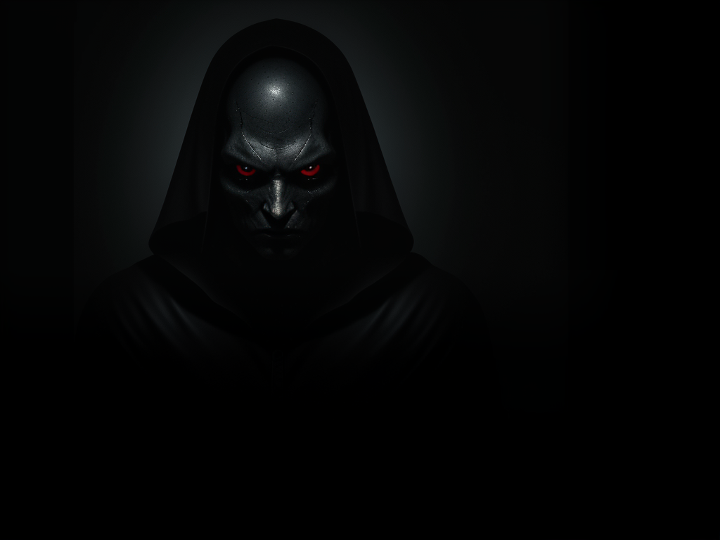 Dark Figure with Glowing Red Eyes in a Mysterious Cloak