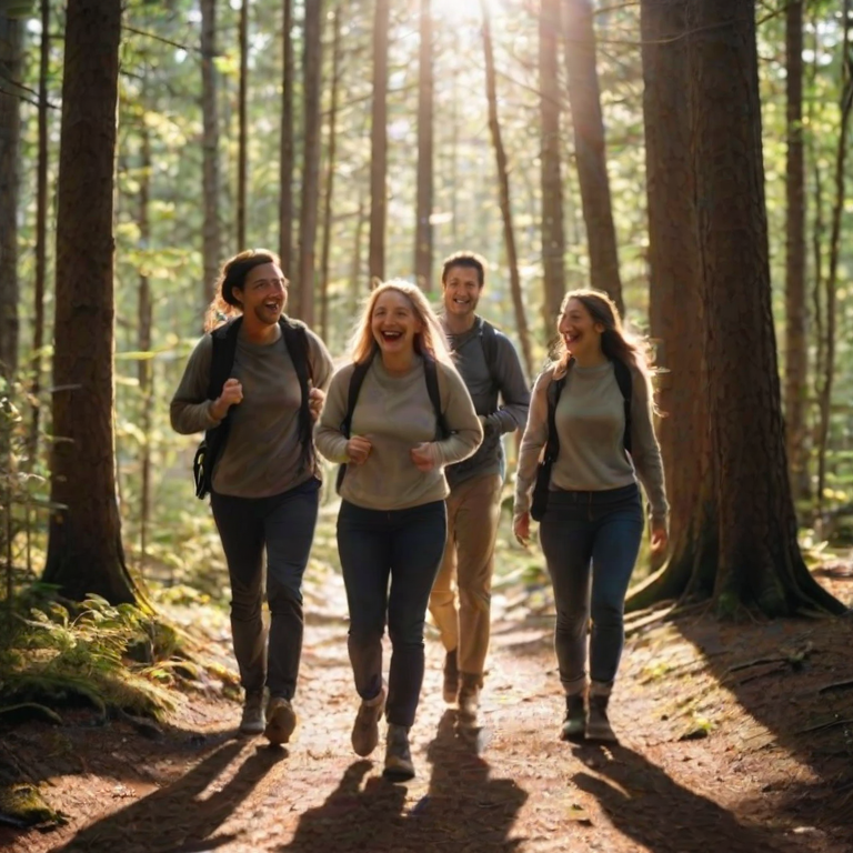 Joyful Friends Enjoying a Vibrant Hike Through a Sunlit Forest