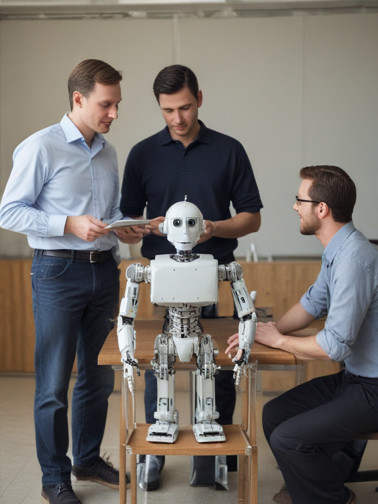 three men teaching a robot sitting at a table