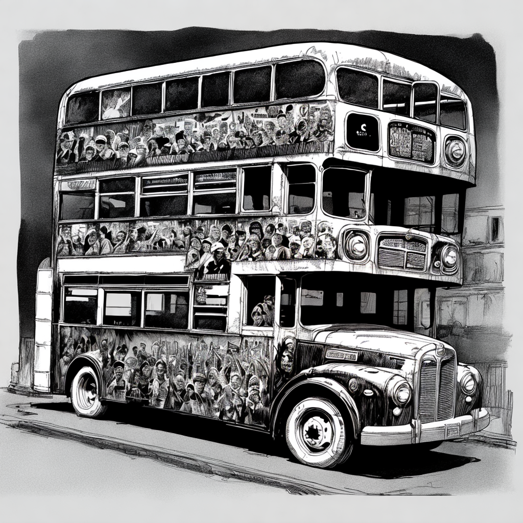 THE hip hop BUS in the street. COMIC BOOK. SKETCH STYLE. BLACK AND WHITE.